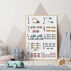 Learn numbers print Printable math vehicles Car poster | Etsy