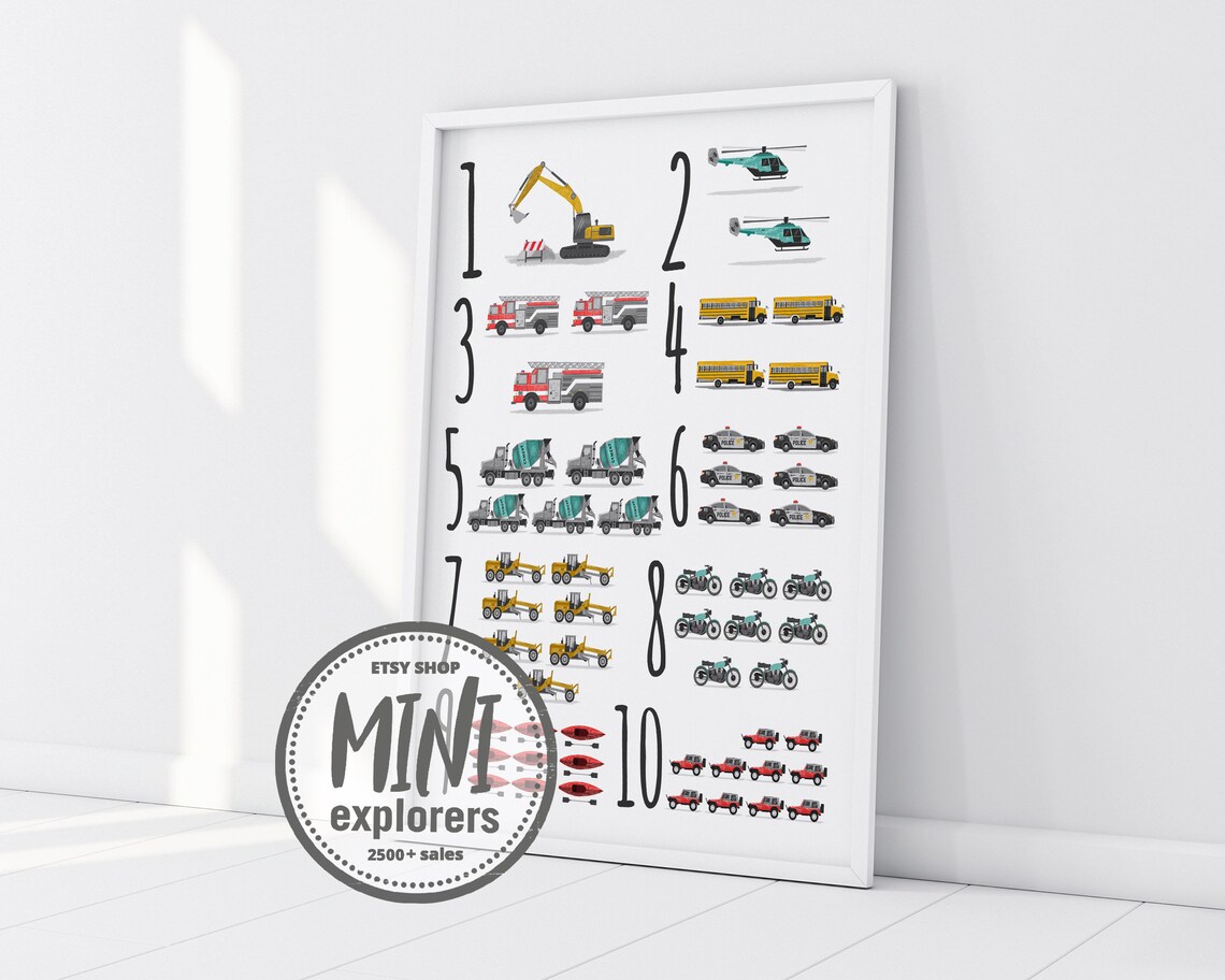 Learn numbers print Printable math vehicles Car poster | Etsy