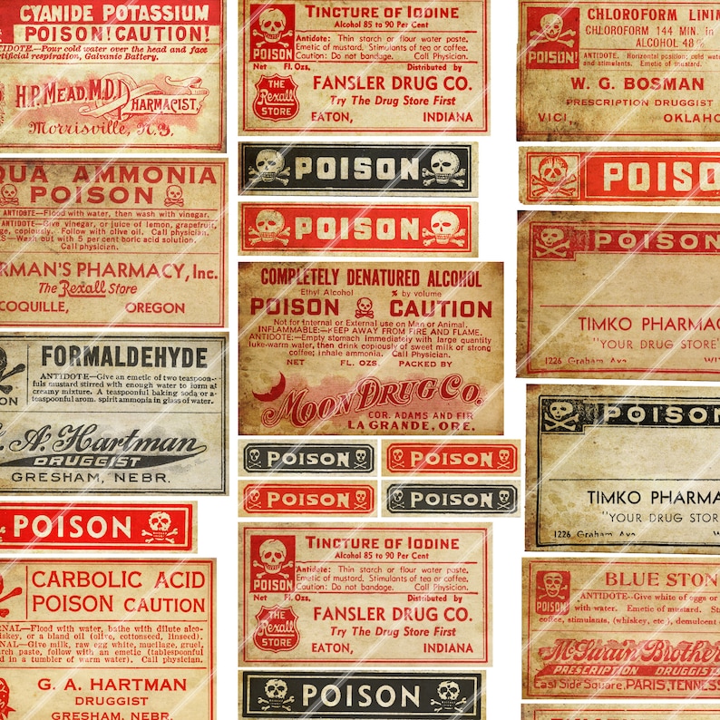 Antique Pharmacy Poison Labels digital collage sheet for | Etsy