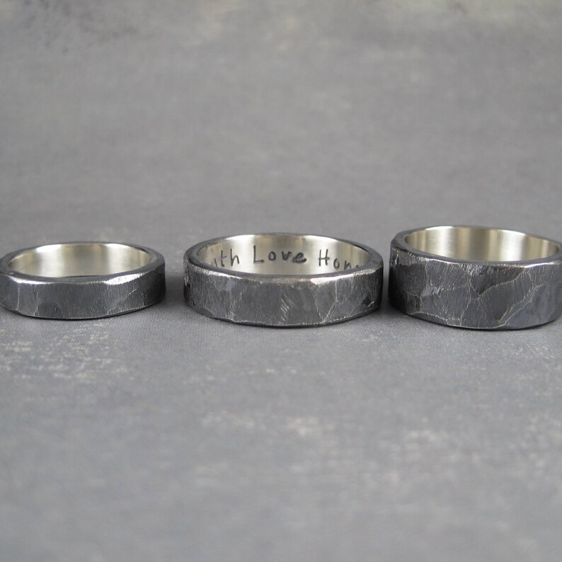 Personalised rustic wedding ring custom engraved Rough hewn | Etsy