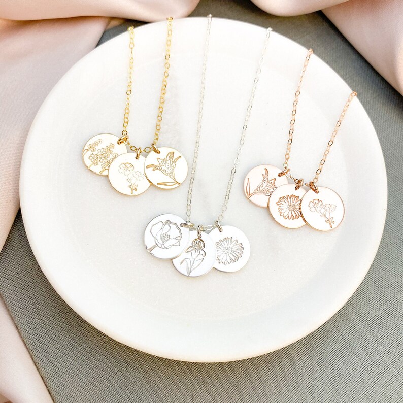 Dainty Silver Gold or Rose Disc Necklace. Birth Flower | Etsy