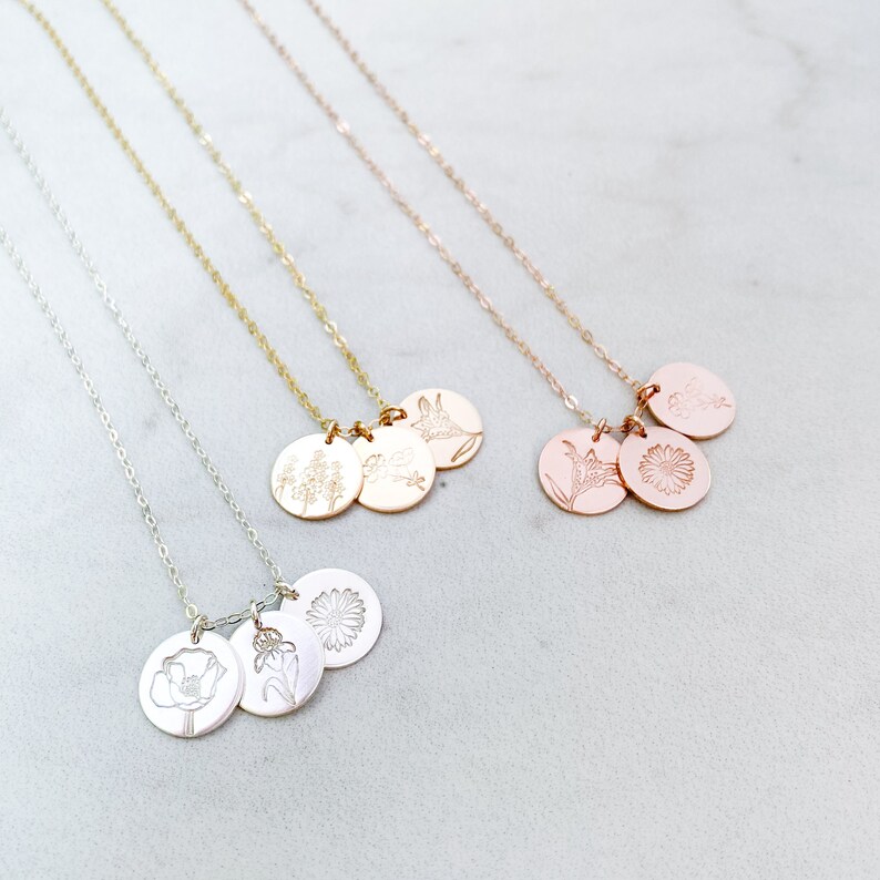 Dainty Silver Gold or Rose Disc Necklace. Birth Flower | Etsy