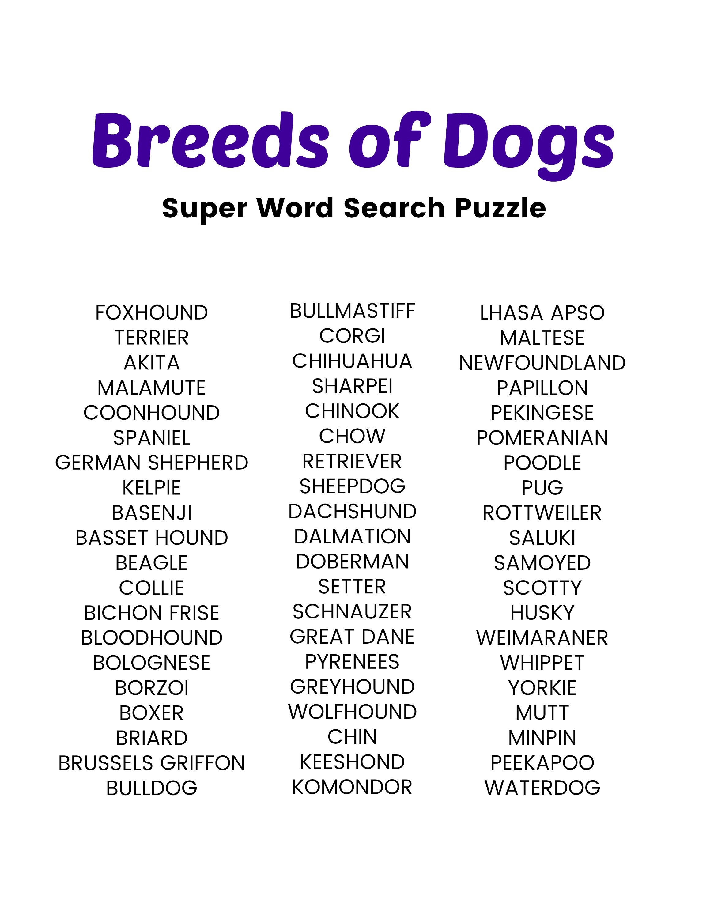 Breeds of Dogs Super Word Search Puzzle Word Search puzzle | Etsy