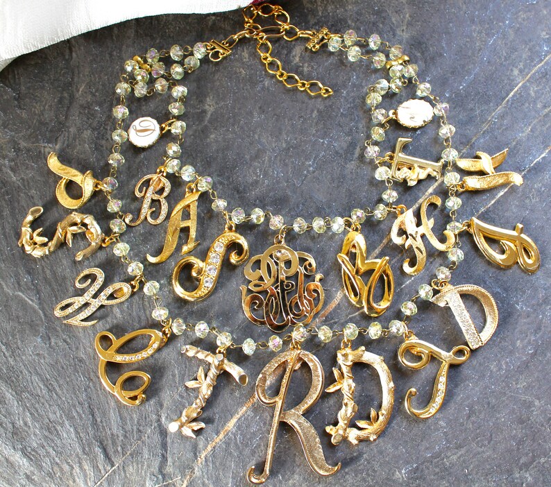 Stunning vintage Initial brooch assemblage necklace gold | Etsy