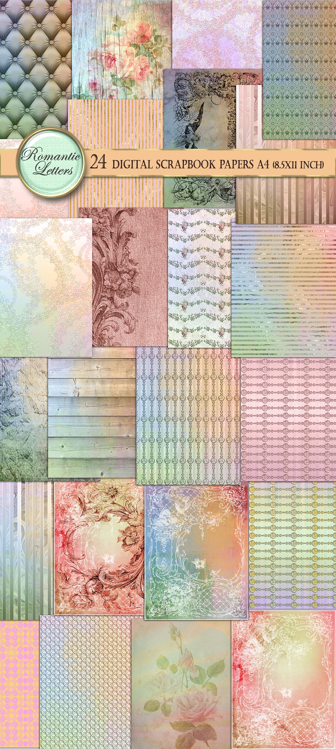 Vintage printable paper pack digital scrapbook background | Etsy