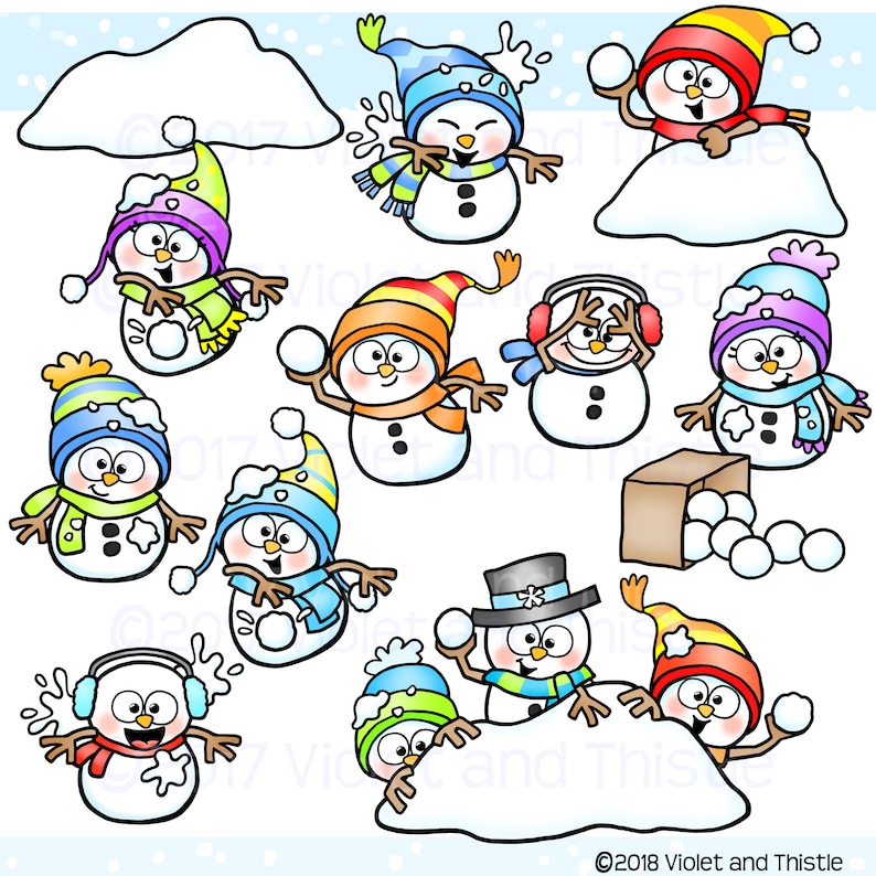 Cute Snowman Snowball Fight Clipart Clip art Winter Snowmen | Etsy