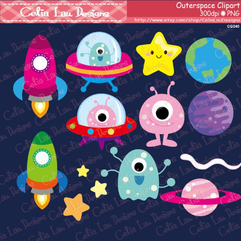 Outer Space Clipart Girl Astronauts Rockets Aliens | Etsy